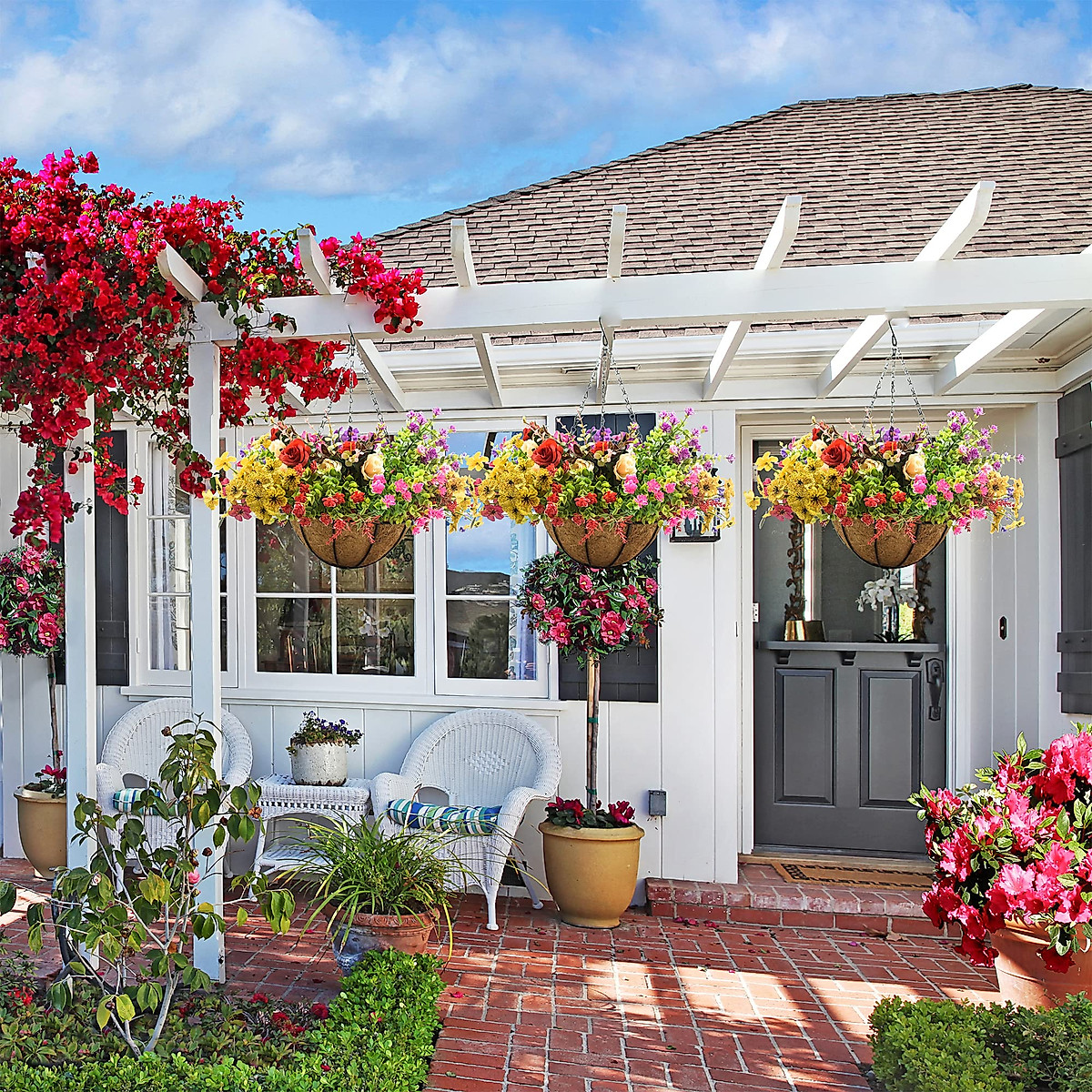 Qusuxi 4 Pack 8 Inch Hanging Baskets for Plants Outdoor Metal Hanging Planter Hanging Flower Baskets with Coco Fiber Liners Chain Round Wire Plant Holder Hanging Flower Pots(Watermelon)