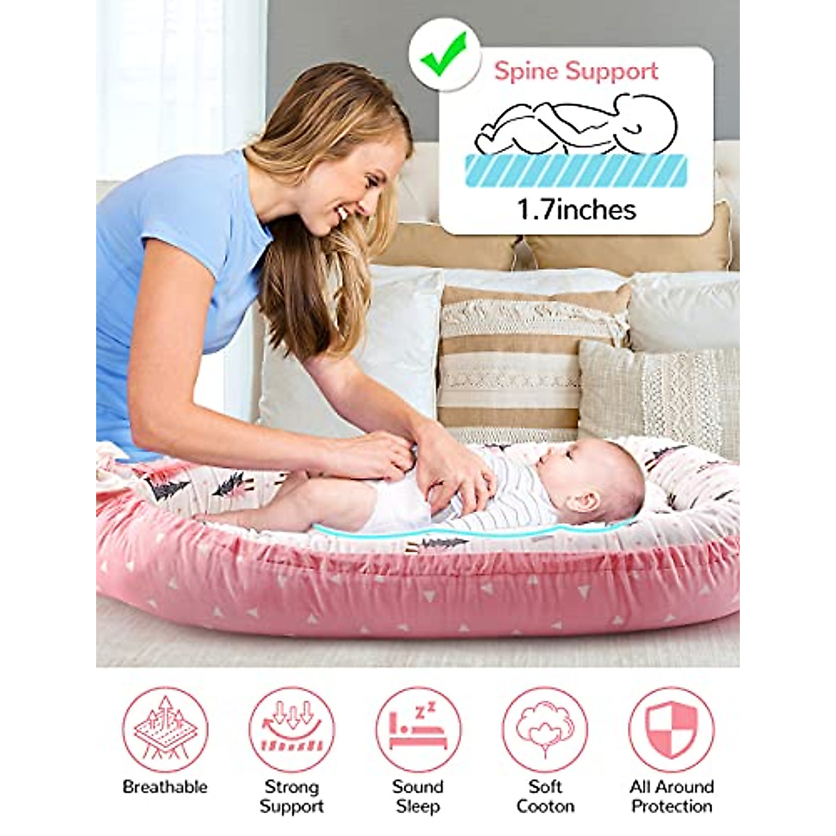 GIEFRNE Baby Lounger Baby Nest Co-Sleeping for Baby 0-12M, Soft Breathable Cotton Adjustable Newborn Bassinet Mattress Portable Infant Floor Seat Baby Registry Search (Pink)