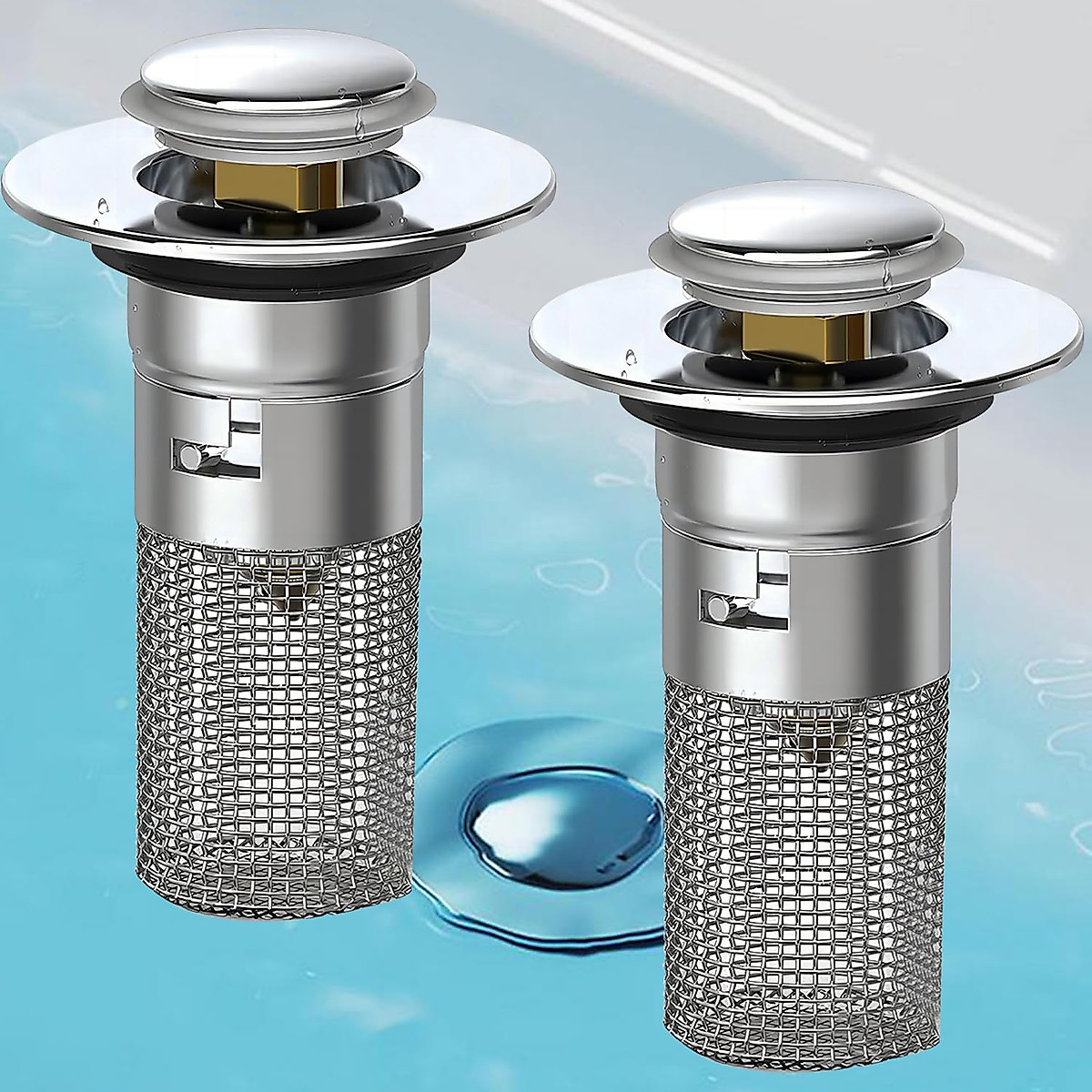 2PCS Pop Up Bathroom Sink Drain Strainer Hair Catcher, 2024 New Stainless Steel Floor Drain Filter with Removable Stainless Steel Filter Basket, for US Universal Bathroom Kitchen Basin Sink Stopper