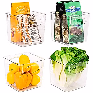 Sorbus Square Refrigerator Organizer Bins - Clear Plastic Pantry, Cabinet & Fridge Organizer for Kitchen Organization and Storage - Versatile Lightweight Bath, Makeup, Food & Snack Organizer (4 Pack)