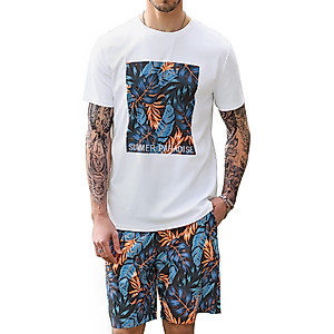 PJ PAUL JONES Men's Fashion Hawaiian Shirt and Short Sets 2 Piece Outfits Short Sleeve Floral Print Beach Set Blue L