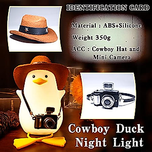 Hinittey Cute Cowboy Duck Lamp, Silicone Duck Light with Cowboy Hat & Mini Camera & USB Rechargeable & Touch Control Dimmable & Timer for Nursery, Birthday Xmas Baptism Gifts for Babys Girls Boys