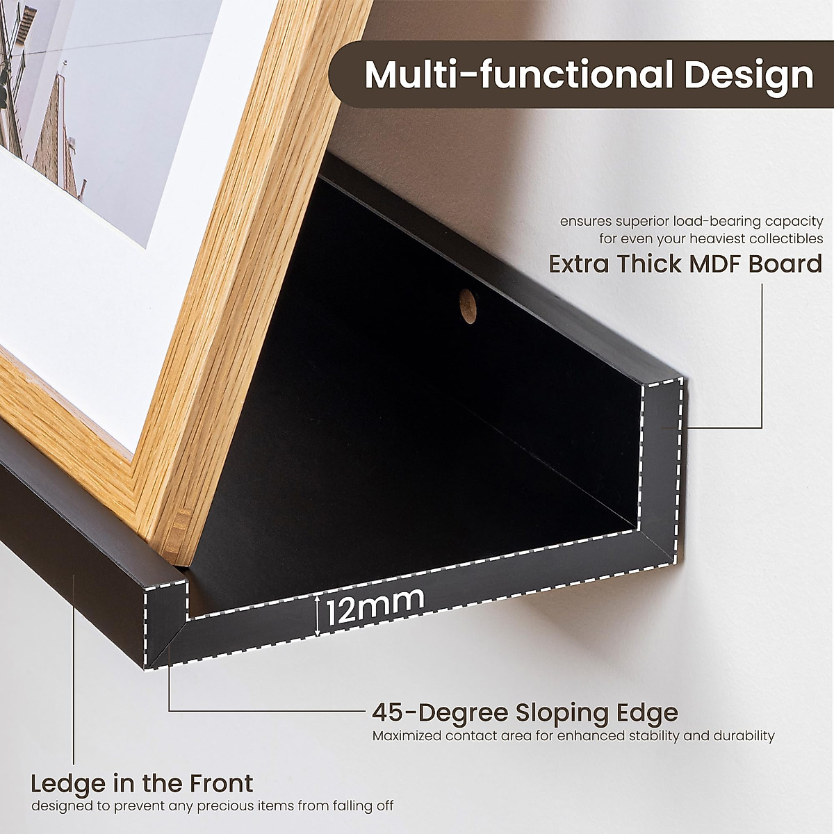 FLYJOE Picture Ledge Wall Shelves 48 inch Width Set of 4, Rustic Large Long Floating Ledge Shelves for Wall for Kid's Room Bedroom Kitchen Bathroom Living Room Nursery Display Wall Decor, Black