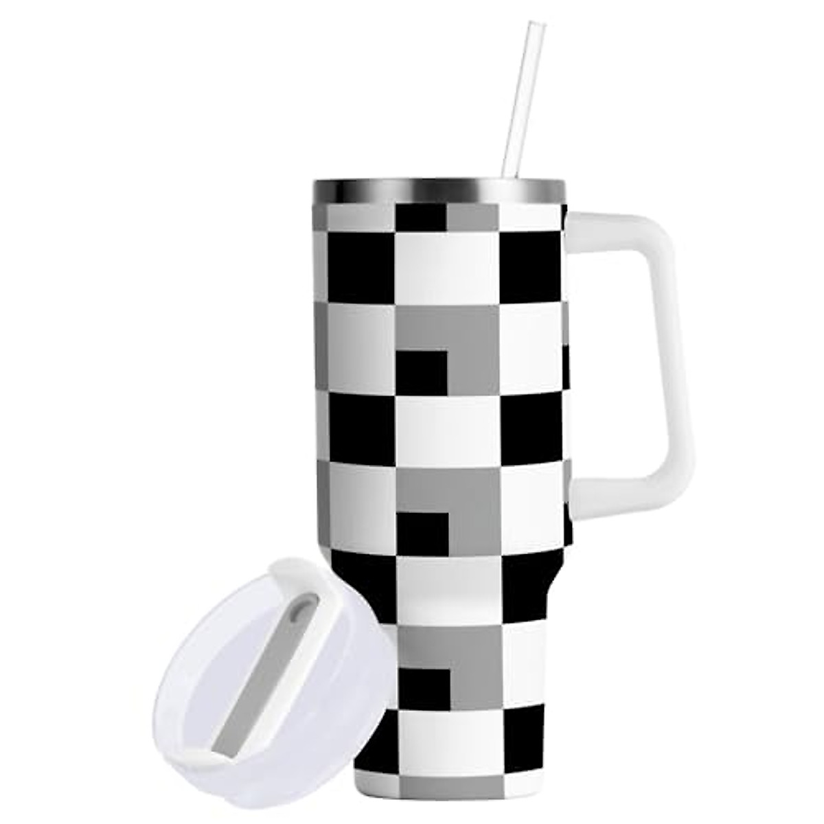RPLIFE Black and White Checkerboard 40 Oz Tumbler with Handle, Stainless Water Bottle, Insulated Tumbler with Straw