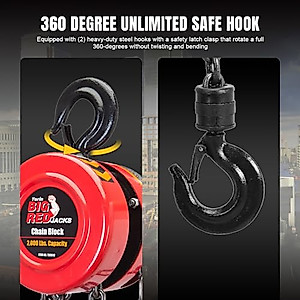 BIG RED Hand Chain Hoist 1 Ton 2000 Lbs Capacity 8ft/2.5m Torin Manual Chain Fall with 2 Heavy Duty Hooks, for Warehouse Automotive Machinery, Red, TR9010