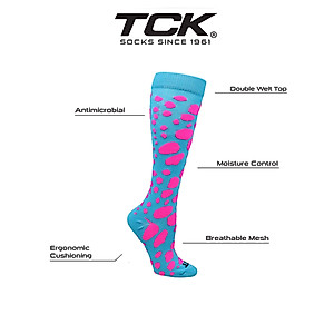 TCK Krazisox - Leopard Over the Calf Socks (Turquoise/Hot Pink, Small)