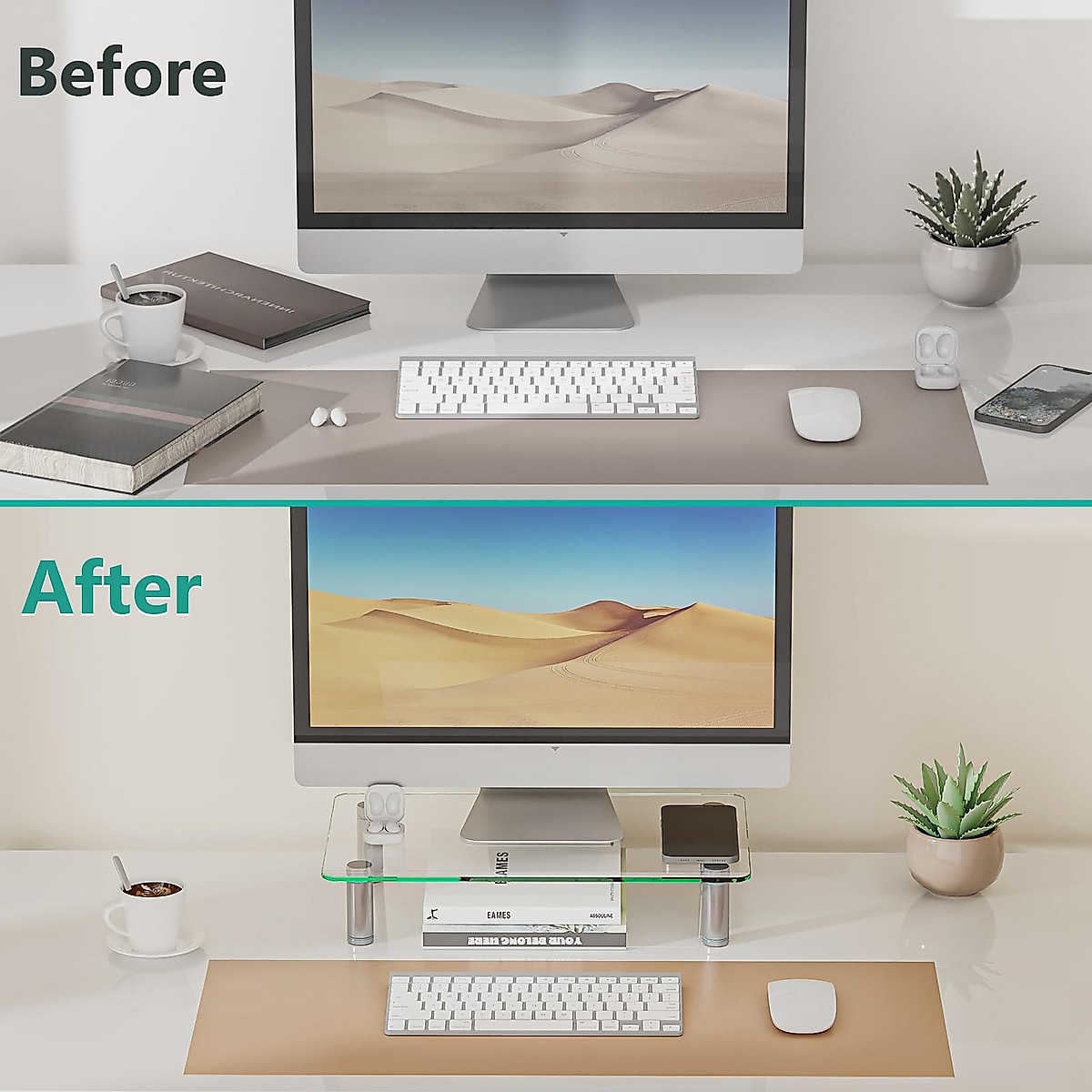 WALI Rectangular Tempered Glass Monitor Riser Desktop Stand Height Adjustable Table Top for Flat Screen LCD LED TV, Laptop, Notebook, Display (GTT001), 16 X 10 inch, Clear