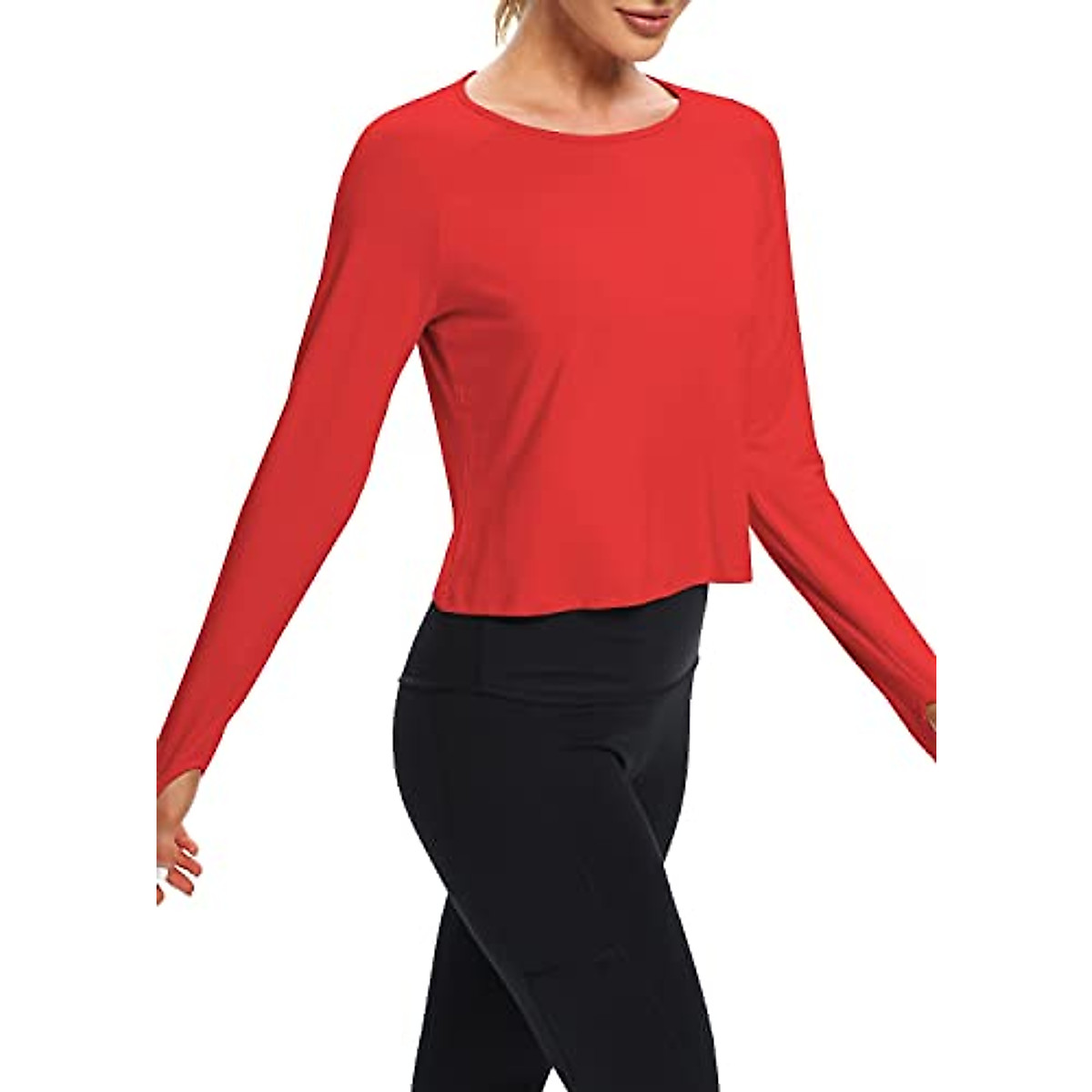 Bestisun Womens Cropped Tops Long Sleeve Open Back Workout Tops Activewear Gym Yoga Shirts Exercise Sports Running Clothes Red S