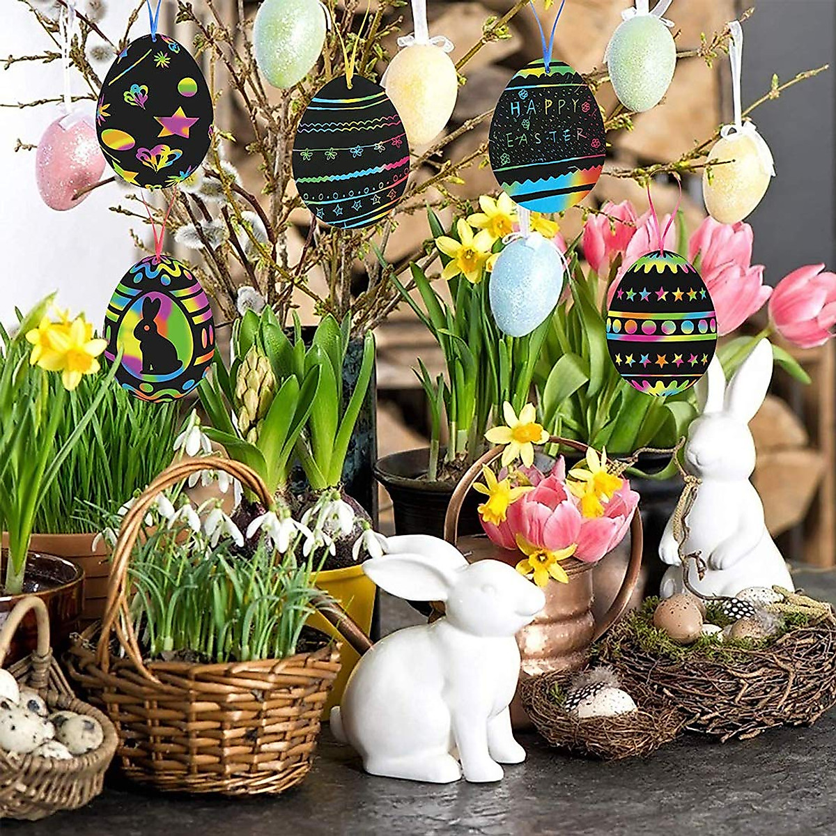 Easter Scratch Paper, 24PCS Easter Egg Scratch Paper Rainbow Art Set for Easter Day Ornaments Hanging Craft