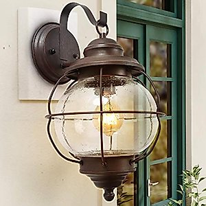 LNC Exterior Porch Light Fixture,17" Large Size Globe Seeded Glass & Metal Cage Frame for Garage, Hallway and Patio, Rustic Bronze Outdoor Wall Sconce