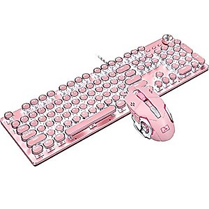 Basaltech Mechanical Gaming Keyboard and Mouse Combo, Retro Steampunk Vintage Typewriter-Style Keyboard with LED Backlit, 104-Key Anti-Ghosting Blue Switch Wired USB Metal Panel Round Keycaps, Pink