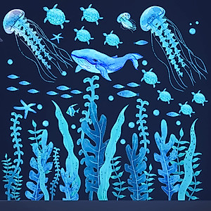 Under the Sea Wall Decals Glow in the Dark Ocean Wall Decals Colorful Sea Turtle Seaweed Jellyfish Wall Stickers Removable Ocean World Themed Wall Decor for Toddler Boys Girls Bedroom Bathroom Living