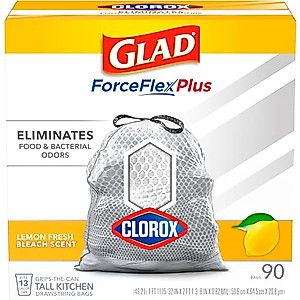 Glad Trash Bags, Tall Kitchen Garbage Bags ForceFlex Plus with Clorox, 13 Gallon, Lemon Fresh Bleach Scent 90 Count (Package May Vary), White-gray, Lemon Fresh