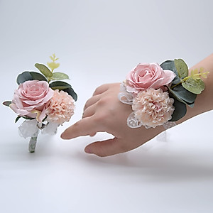 ETERNAL ANGEL Boutonniere and Corsage Wristlet Bracelet Set with Pink Artificial Rose Eucalyptus Leaves for Groom Bride Groomsmen Bridesmaids Best Men at Wedding Party Prom