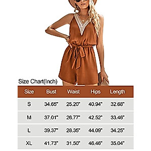 Wyeysyt Women's Sexy V Neck Romper Sleeveless 2023 Summer Fashion Casual Waist Tie Short Jumpsuit with Pocket(Caramel-XL)