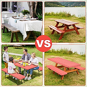 Raweao Picnic Table Cover with Bench Covers - 3 Piece Fitted Picnic Table Cover with Elastic Band and Flannel Backing, Picnic Table Cover for Outdoor, BBQ, Camping (30 X 72 Inch, Red)