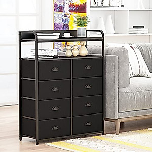 Furologee Black Vertical 4 Drawer Dresser Organizer with 3-Tiers Wood Shelf and Dresser 8 Drawers with Double Shelf Storage Organizer Unit for Bedroom/Living Room/Entryway