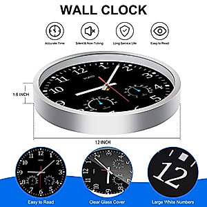 YIOYULEN Wall Clock, Clocks for Wall with Temperature Humidity, 12 Inch Wall Clock Non Ticking Battery Operated Decorative for Home Bathroom Kitchen Office (Silver)