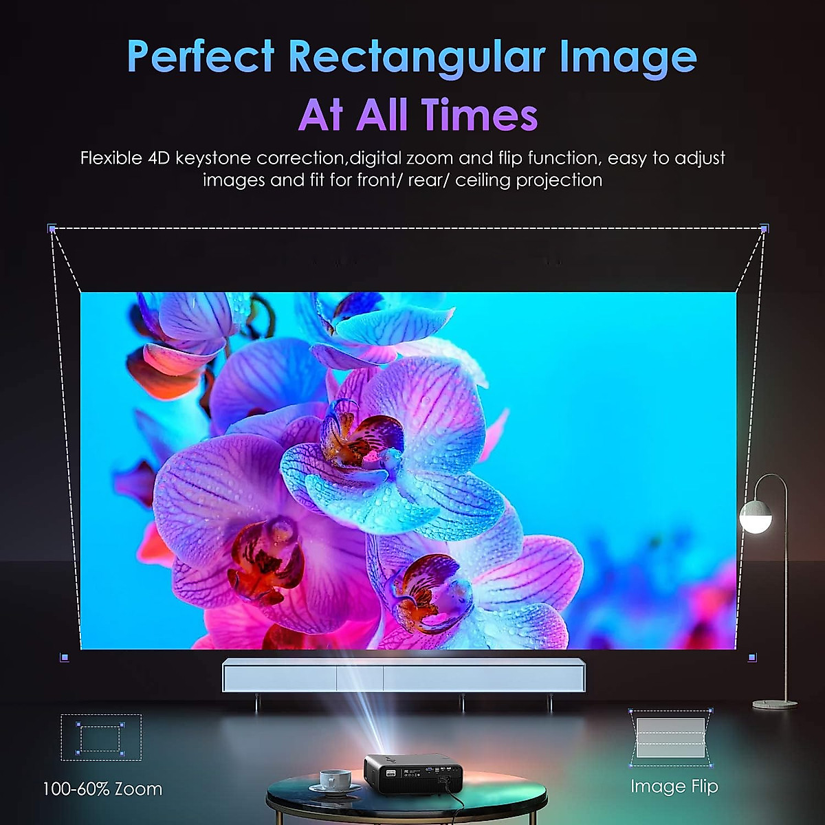 Smart 4K Daylight Projector 1000 ANSI, 5G WiFi Projector Native 1080P Bluetooth HDMI USB Apps YouTube NetFlix, 4D Keystone Zoom Ceiling 200” for Home Theater Gaming Outdoor Movie TV Stick PC DVD PS5