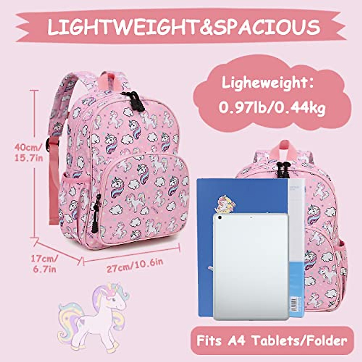 RAVUO Unicorn Backpack for Girls, Cute Toddler Backpack Lightweight Kids Preschool Bookbag Daypack with Chest Strap