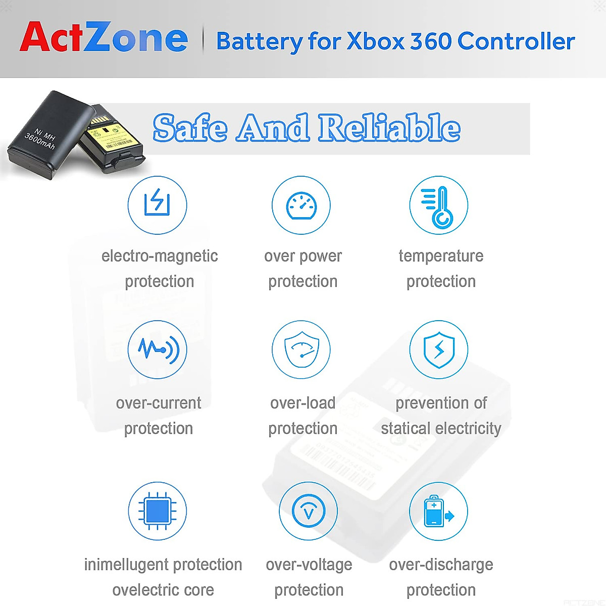ActZone 2pcs 3600mAh Rechargeable Ni-MH Battery Replacement for Xbox 360 Wireless Controller