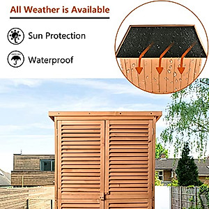 JOVNO Outdoor 63" Wood Storage Shed Tool Organizer Garden Storage Cabinet with Waterproof Roof, Lockable Doors, 3-Tier Shelves for Patio Lawn Backyard Home Garage