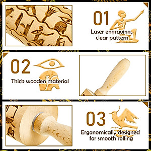 Rolling Pins for Baking Egypt Hieroglyphs Engraved Embossing Rolling Pin 15 Inches Embossed Rolling Pin Kitchen Tools for Egyptian Theme Baking Embossed Cookies for Women Mom Birthday Gift