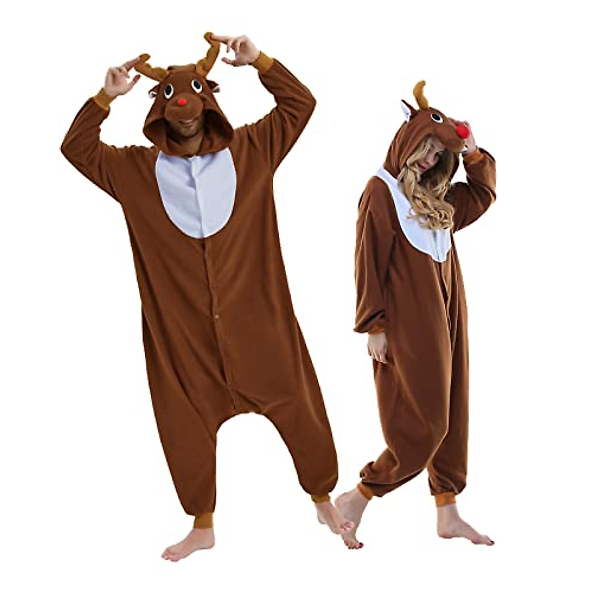 NEWCOSPLAY Unisex Adult Coffee Reindeer Onesie Plush One Piece Pajamas Christmas Costume(Small, Coffee Reindeer)