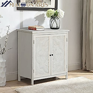 MAISON ARTS White Accent Cabinet with 2 Doors Sideboard Buffet Storage Cabinet Decorative Distressed Cabinet with Carved Pattern Doors for Bedroom Living Room Kitchen Farmhouse, White Embossed Flower