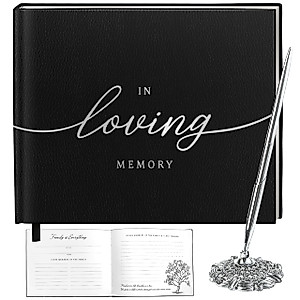 WPF Supplies in Loving Memory Funeral Guest Book 9¨x7¨, Black Funeral Guest Book for Memorial Service with Silver Pen and Holder, Memorial Service Guest Book, Funeral Registry Book