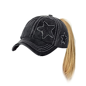 C.C Ponycap Messy High Bun Ponytail Adjustable Glitter Star Distressed Baseball Cap Hat, Black