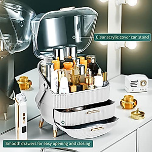 CANITORON Makeup Storage Organizer，Cosmetics Display Case with 2-Layer Storage Box and Transparent Cover, Bedroom Vanity Desk and T1-White