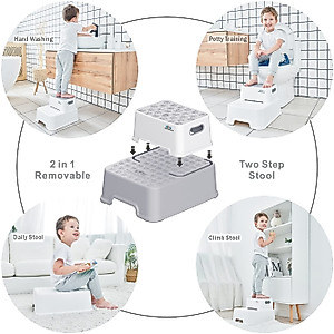 BlueSnail Double up Step Stool for Kids, Anti-Slip Sturdy Toddler Two Step Stool for Bathroom ,Kitchen and Toilet Potty Training(Gray)