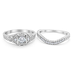 Blue Apple Co. Art Deco Vintage Style Two Piece Wedding Engagement Bridal Set Ring Band Round Simulated CZ 925 Sterling Silver, Size-6