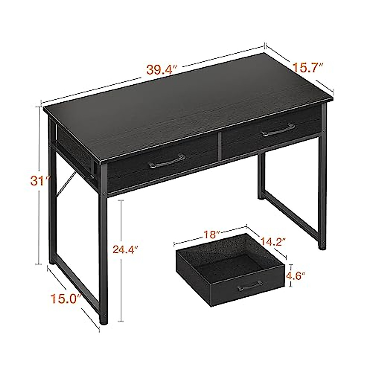 ODK 40 Inch Small Desk with Fabric Drawers, Vanity Desk with Storage, Home Office Desk for Small Spaces and Bedroom, Modern Work Writing Study Table, Black