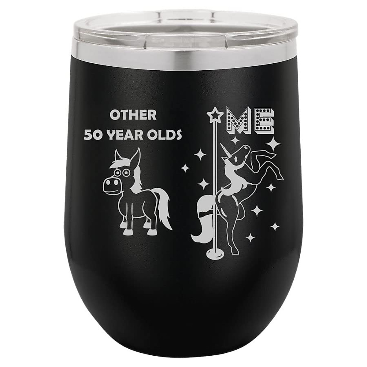 12 oz Double Wall Vacuum Insulated Stainless Steel Stemless Wine Tumbler Glass Coffee Travel Mug With Lid 50 Year Old Superstar Unicorn Funny 50th Birthday (Black)