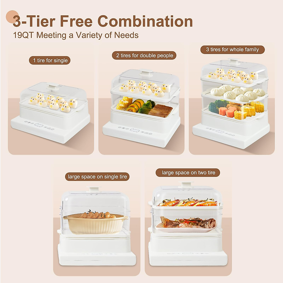 bathivy 19QT Electric Food Steamer for Cooking, 3 Tier Vegetable Steamer with Appointment and Timer, Digital Steamer for Fast Simultaneous Cooking, 800W Heating, Auto Shutoff & Boil Dry Protection