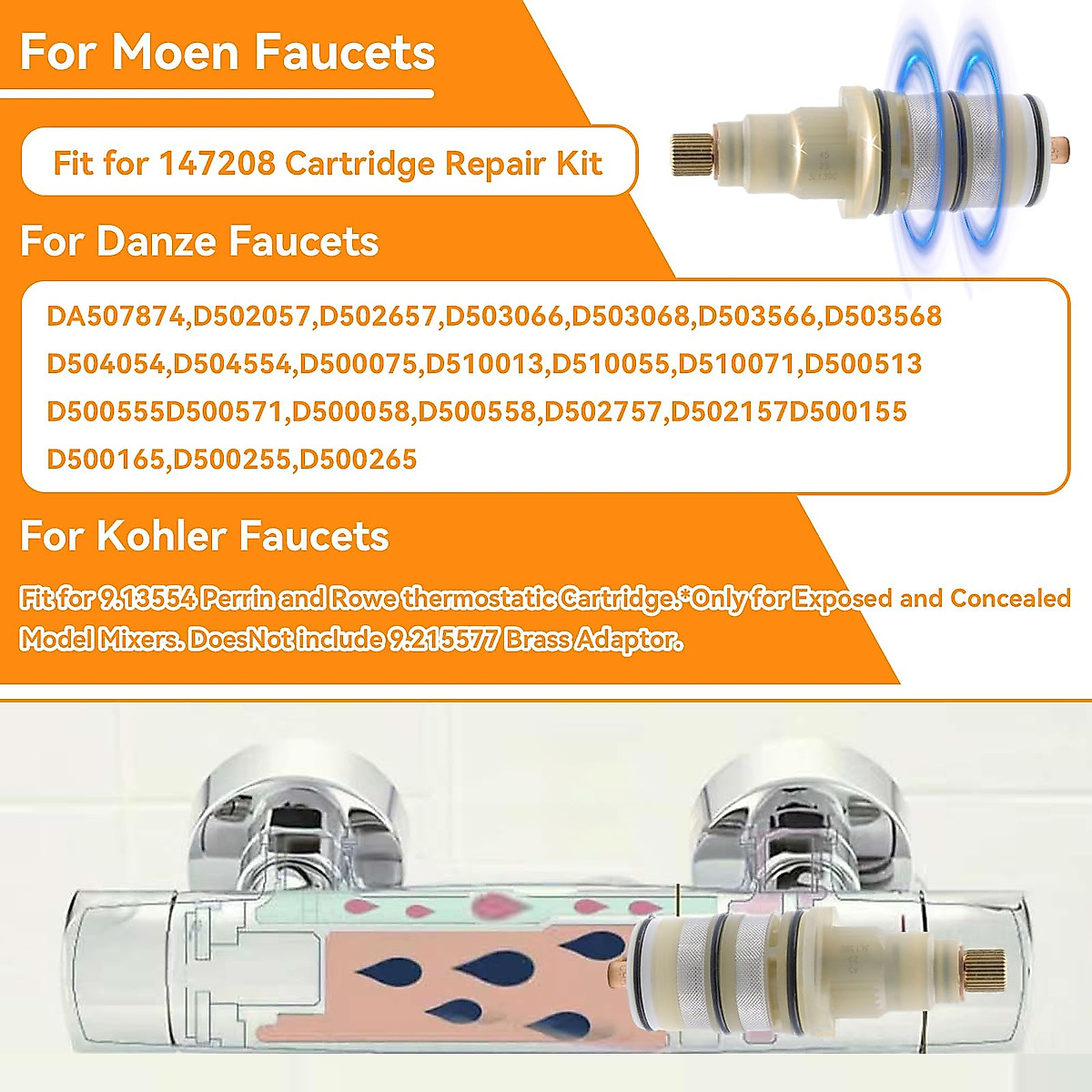 Thermostatic Valve Cartridge Fits Moen 147208 Repair Kit, Faucet Cartridge Replacement Parts, for Danzig Da507874 and Kohler Thermostatic Valve Replacement Parts, Brass Adapter