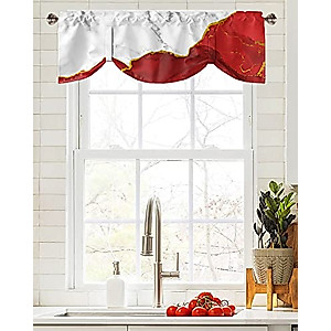 FAMILYDECOR Kitchen Valances for Windows, Elegant Adjustable Window Treatments with Tie-up, White Gold and Red Plated Marble Window Valance Curtains for Living Room/Bedroom 60x18in