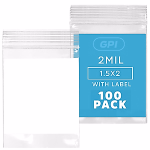 GPI Pack of 100 1.5" x 2" CLEAR PLASTIC RECLOSABLE ZIP JEWELRY BAGS - Bulk 2 mil Thick Strong & Durable Poly Baggies With Resealable Zipper Top Lock & write-on white block, for storage & shipping