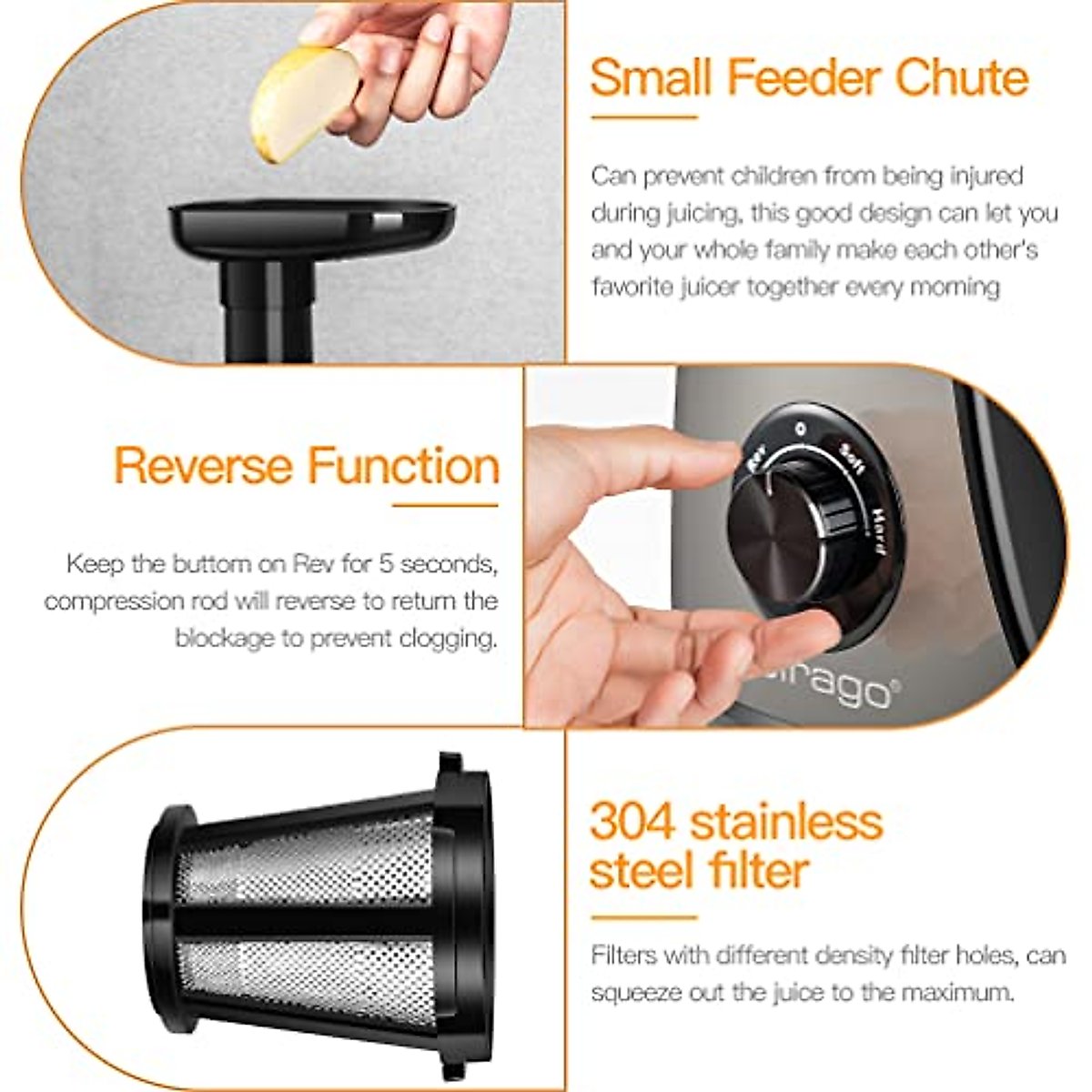 CIRAGO Juicer Machines, Slow Masticating Juicer Extractor Two Speed Adjustment, Easy to Clean, Quiet Motor, Cold Press Juicer for Vegetables and Fruits, BPA-Free (Grey)