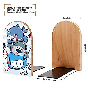 Cartoon Whale Shark Dolphin Striped Wood Book Ends for Shelves Non-Skid Bookend Book Stand Book Holder Stopper for Home Office School