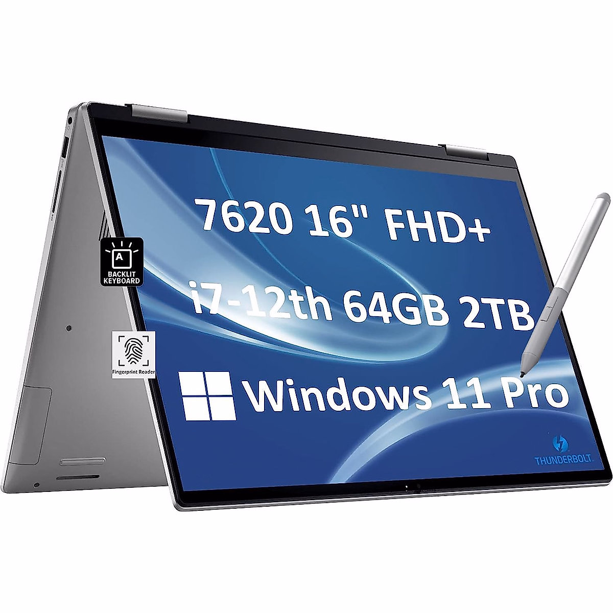 Dell Inspiron 7620 2-in-1 Business Laptop, 16'' WUXGA Touchscreen (Intel 12-core i7-1260P, 64GB RAM, 2TB SSD, Rechargeable Stylus) 13-Hr Battery Life, FP, Thunderbolt, FHD Webcam, Win 11 Pro, Silver