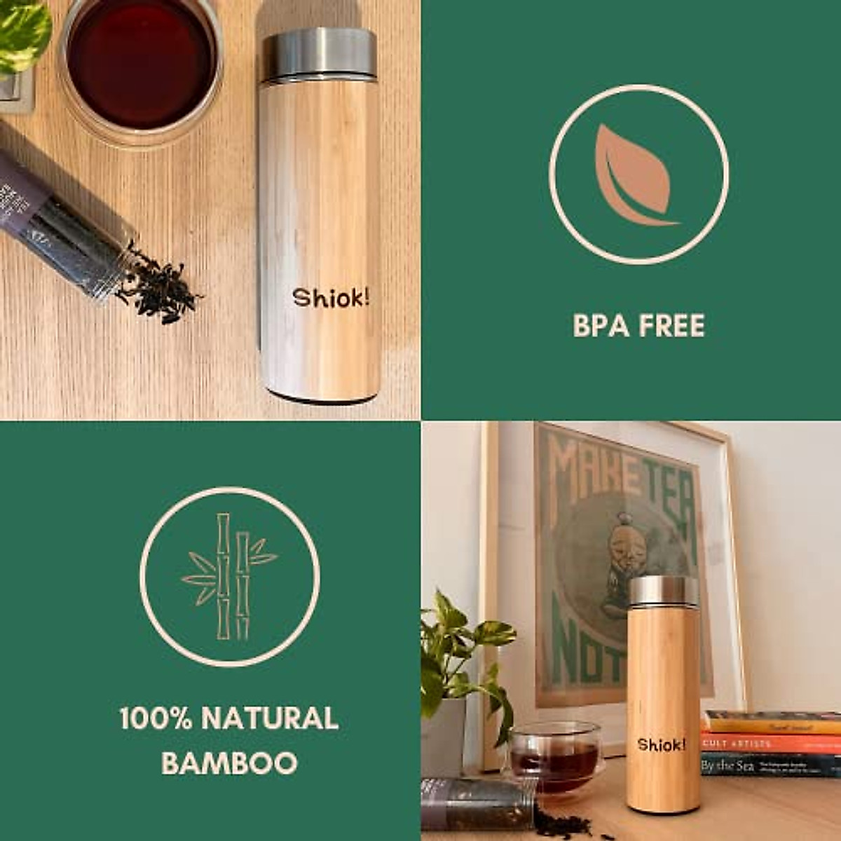 Shiok! Premium Bamboo Tea Tumbler with Strainer. 12 Oz Capacity Stainless Steel Thermos. Durable Double Walled Vacuum Insulated Travel Mug with filter- Keeps Hot & Cold up to 12hrs