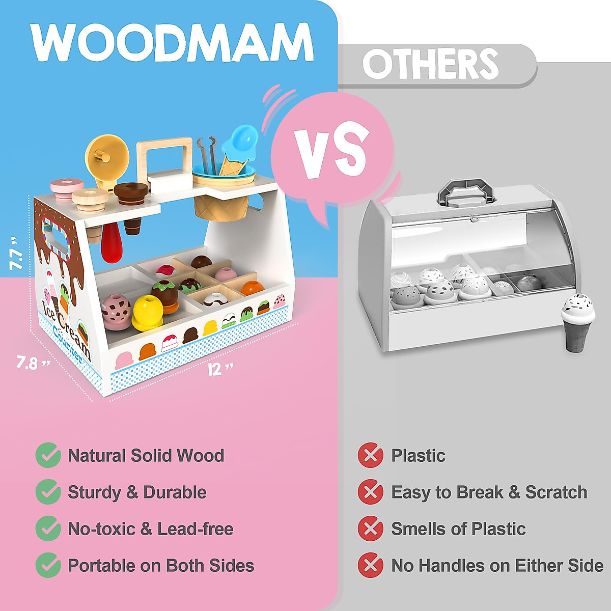 Wooden Ice Cream Toy for Kids, 33 PCS Pretend Play Food for Toddlers 3-5 Portable Ice Cream Stacking Toy, Montessori Toddler Toy Kitchen Playset Gift for Ages 3+