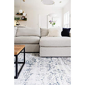 Unique Loom Chateau Collection Distressed Vintage Traditional Textured Dark Blue Area Rug (8' 0 x 10' 0), beige/navy blue