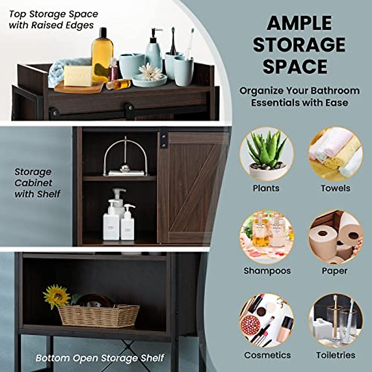 UIIAIOUIAIO 4-Tier Over-The-Toilet Storage Cabinet, Bathroom Organizer with Sliding Door, Adjustable Shelves, Freestanding Toilet Space Saver Shelf for Bathroom Laundry (Rustic Brown)