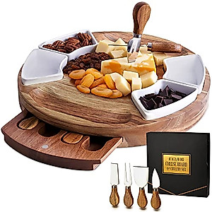 Premium Charcuterie Cutting Board Set - Cheese Board Set and Serving Platter - 13 inch Meat/Cheese Board w/Knife Set incl 4 Knives and 4 Bowls Server Plate