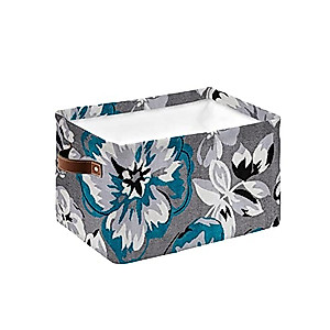 Storage Bins, Teal Gray Flower Floral Texture Storage Baskets for Organizing Closet Shelves Clothes Decorative Fabric Baskets Large Storage Cubes with Handles