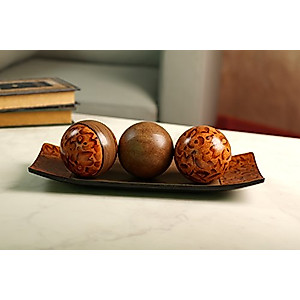Hosley Brown Hand Painted Pattern Decorative Bowl Tray and Orb Ball Set 15 Inches Long Burlwood Style Finish Ideal Gift for Weddings Party Spa Reiki Meditation Settings O3